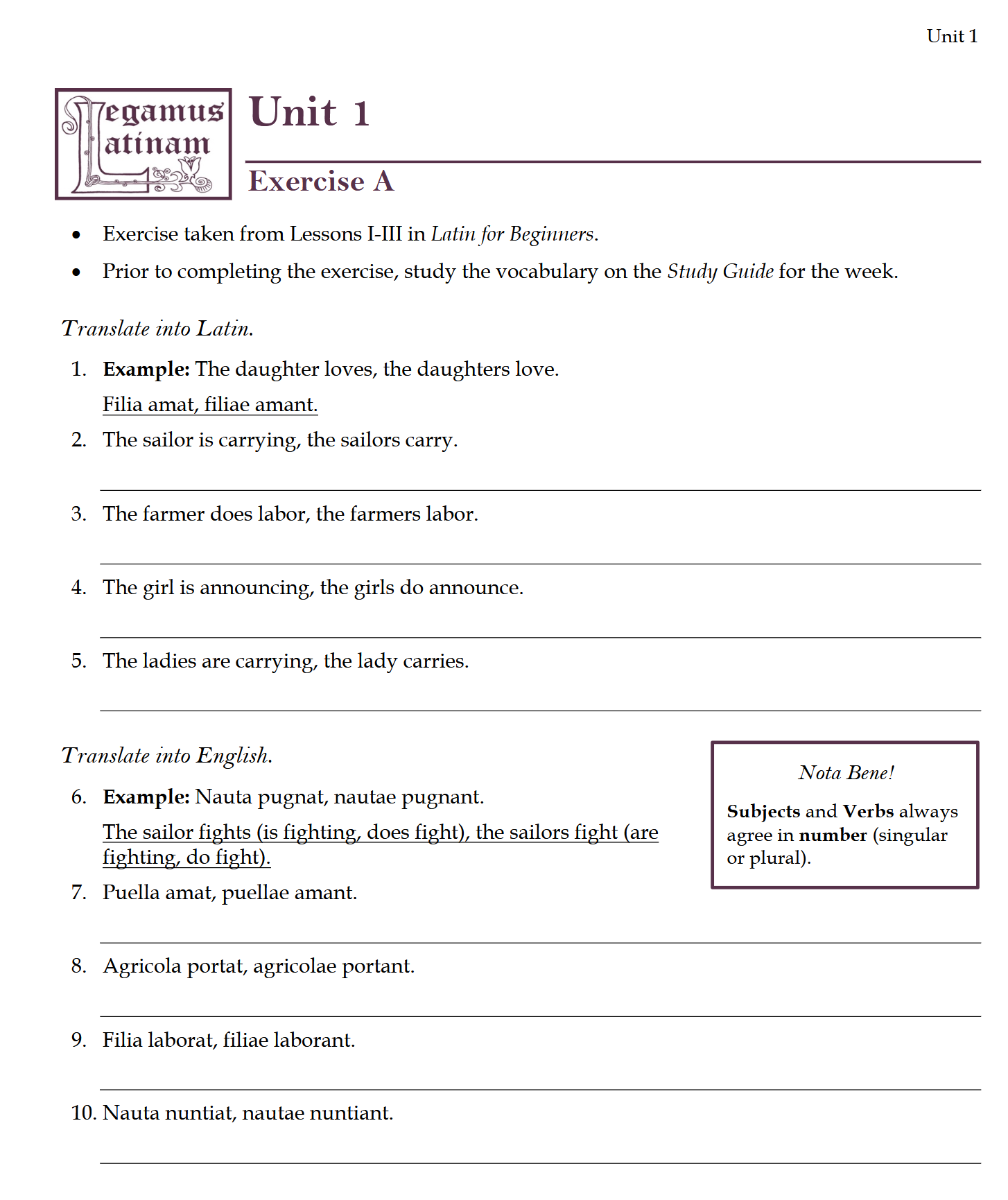 Legamus Latinam I Latin One Workbook